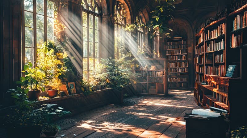 Old Library Interior, Natural Light Beams, Plants on Windowsills. Stock ...
