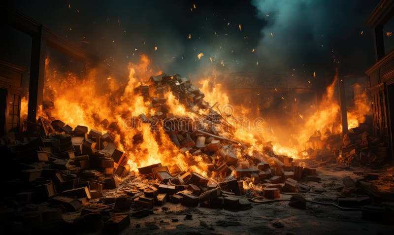 An Old Library, Overwhelmed with Burning Old Books Stock Illustration ...