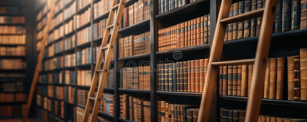 Old Library with Tall Shelves and Ladders Stock Image - Image of ...