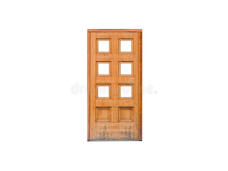 Old Light Brown Textured Wooden Door with Square Windows Isolated on ...