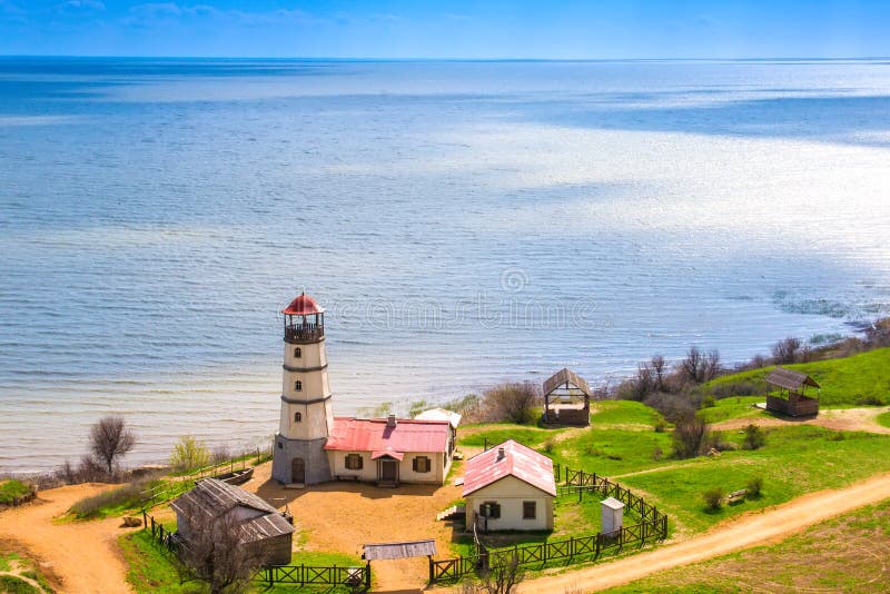 Old Lighthouse on the Beach, Top View. Blue Sea and Lighthouse on the ...