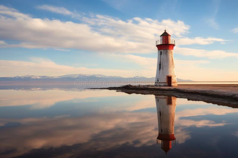 An Old Lighthouse on the Edge of a Salt Lake Reflecting on the Waters ...