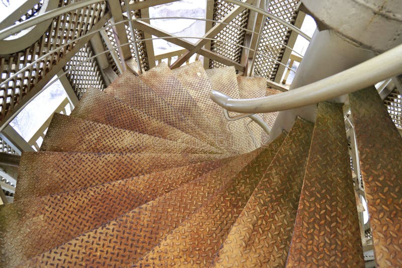 The Old Lighthouse is Inside. Red Iron Spiral Staircase, Square Windows ...