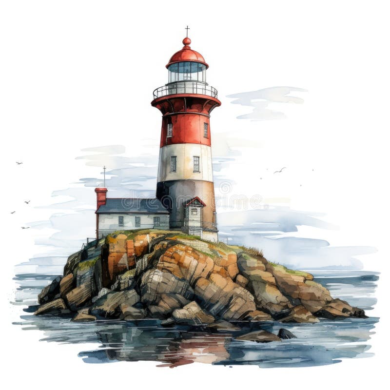 Old Lighthouse Isolated on White Background. Painted in Bright Colors ...