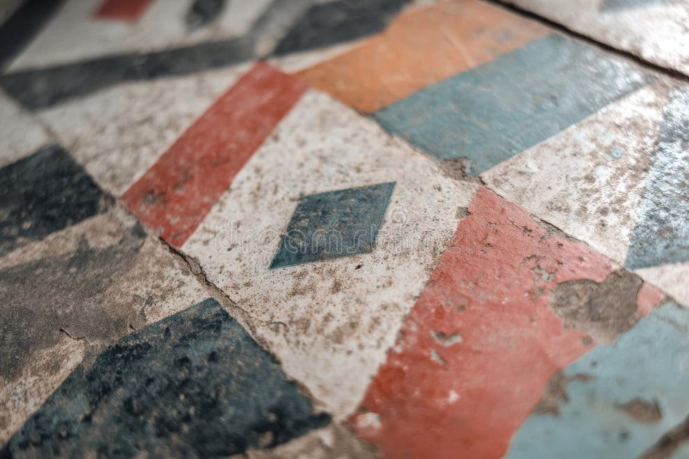 Old Linoleum Floor with Worn Diamond-shaped Geometric Pattern and ...