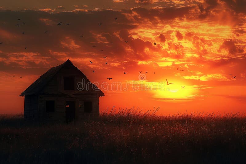 An Old Little House at Sunset Ai Photo Stock Illustration ...