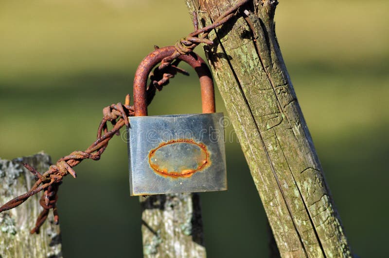 Old lock on barbed wire stock photo. Image of rusty, security - 65755250