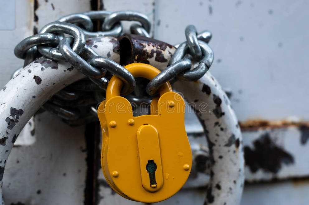 Old Locked Padlock Hanging on Chain. Bad Security Concept Stock Image ...