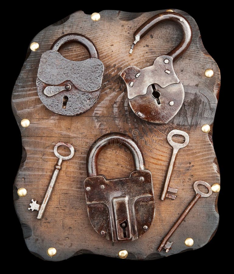 Old Locks and Keys on Wooden Plank Stock Photo - Image of lock, access ...