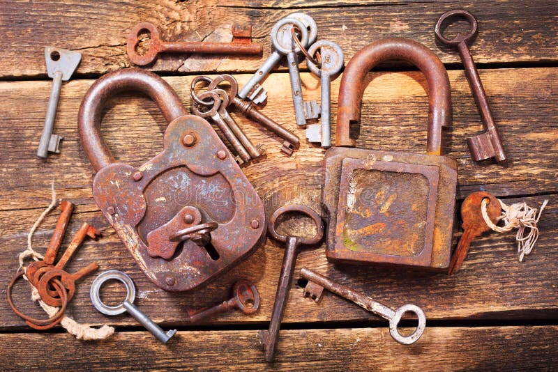 Old Locks and Keys on Wooden Table Stock Image - Image of life, safety ...