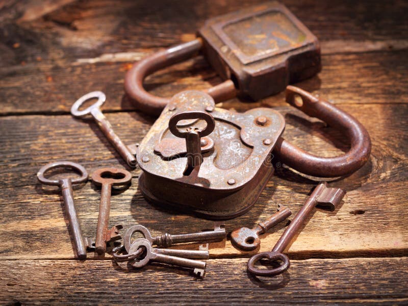 Old Locks and Keys on Wooden Table Stock Image - Image of safety ...