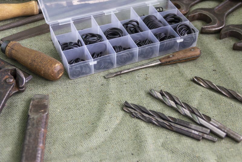 Old Locksmith Tools Lying on a Table Covered with a Tarp. Stock Photo ...