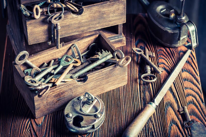 Old Locksmiths Workshop with Tools, Locks and Keys Stock Photo - Image ...