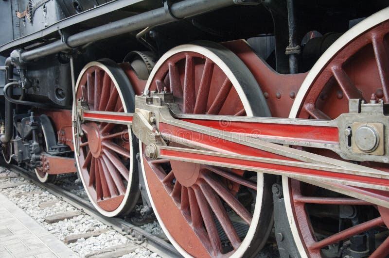 Old Red Locomotive Wheels. Closeup Stock Image - Image of steam ...
