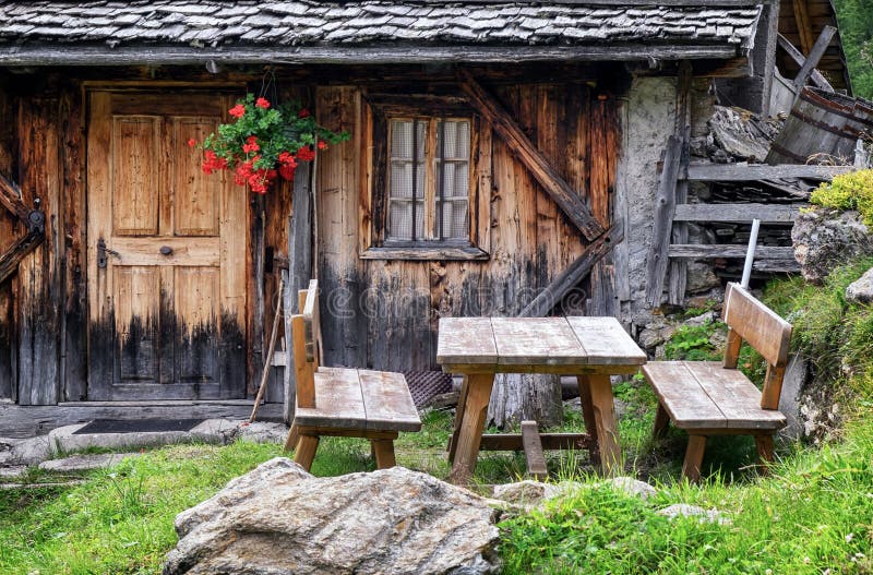 Old log cabin stock photo. Image of table, bench, grass - 44418588