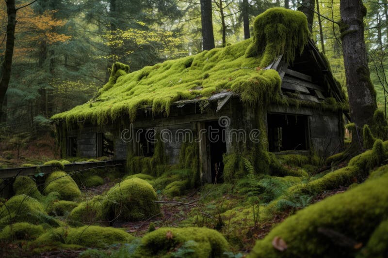 An Old Log Cabin with Moss-covered Roof in a Forest Clearing Stock ...