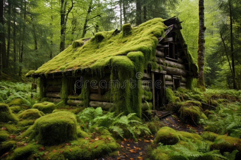 An Old Log Cabin with Moss-covered Roof in a Forest Clearing Stock ...