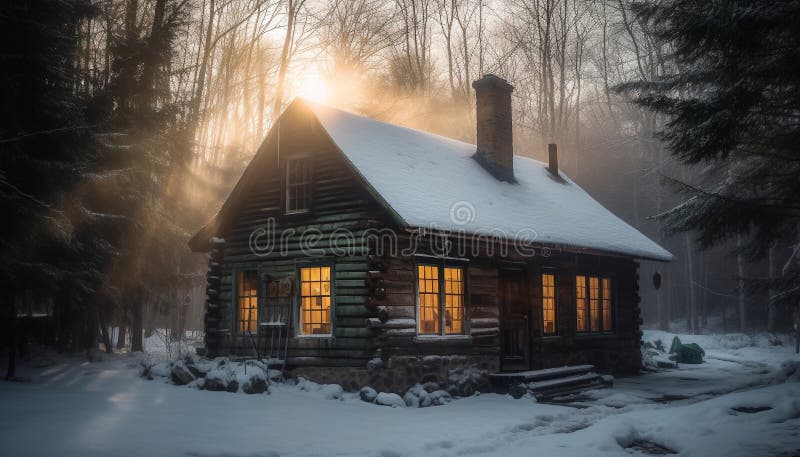 Old Log Cabin in Snowy Forest Night Generative AI Stock Illustration ...