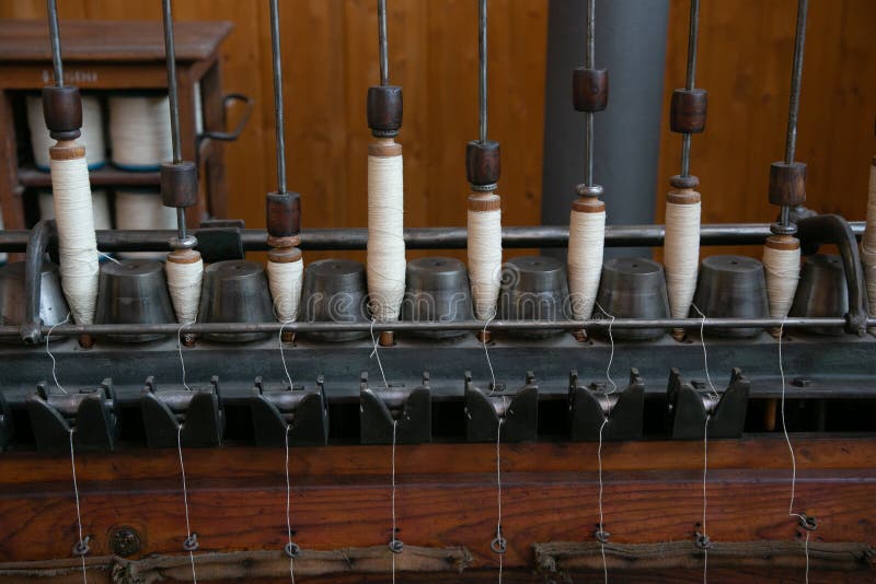 Old Loom, Spinning Machine, Rows of White and Colored Cotton Threads ...