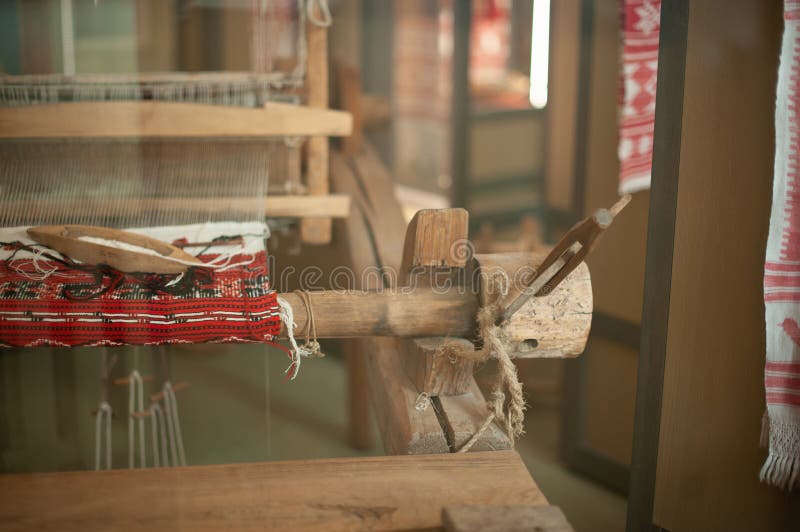 Old Loom, Spinning Machine, Rows of White and Colored Cotton Threads ...
