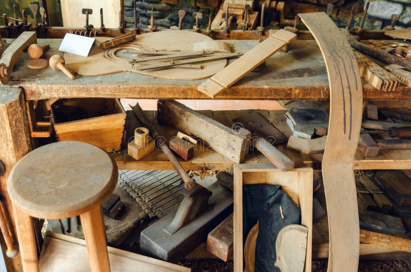 Old Luthier`s Workshop Bench Stock Photo - Image of desk, equipment ...