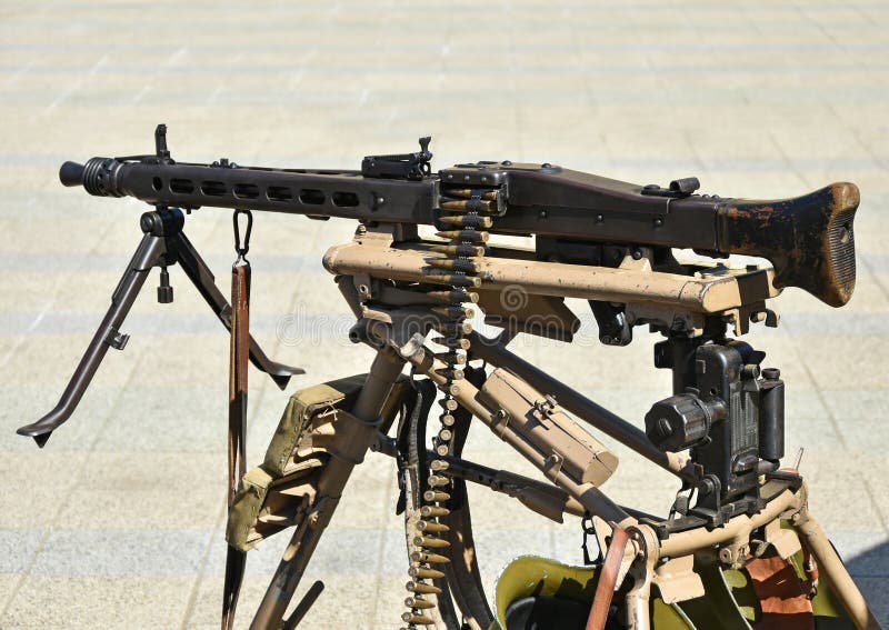Old Machine Gun with Ammunition Stock Photo - Image of black, weapon ...