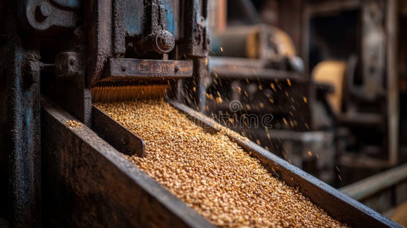 Old Machine Processes Golden Grains of Wheat Stock Illustration ...