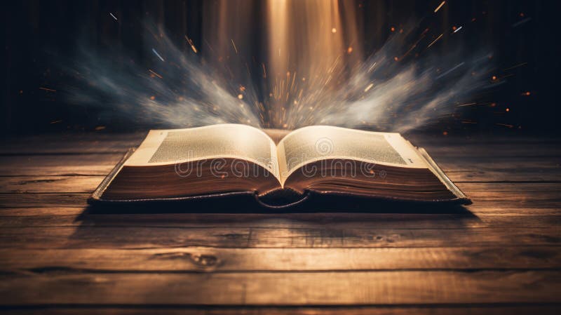 Old Magic Book on Wooden Table with Light Rays Coming Out from the ...