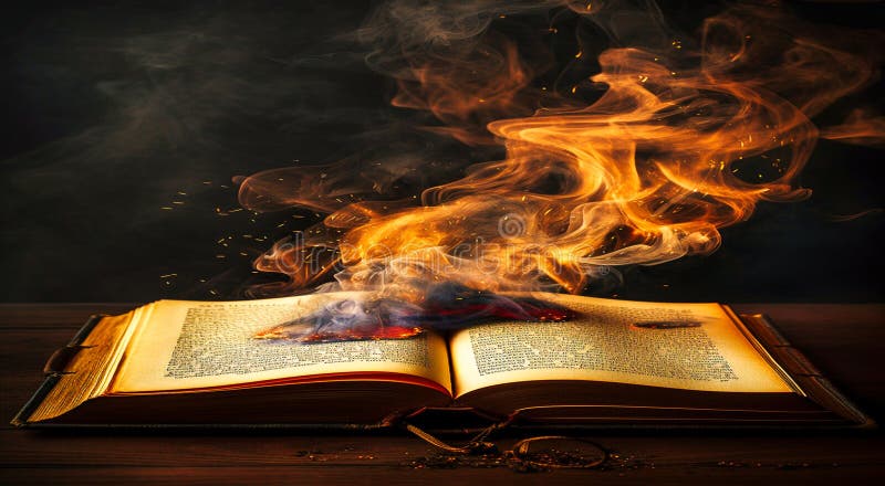 An Old Magical Book of Grimoire Spells Opened with Fire, Generative AI ...