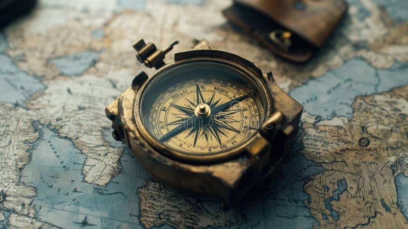 Old Magnetic Compass on a World Map Geography and Navigation Macro ...