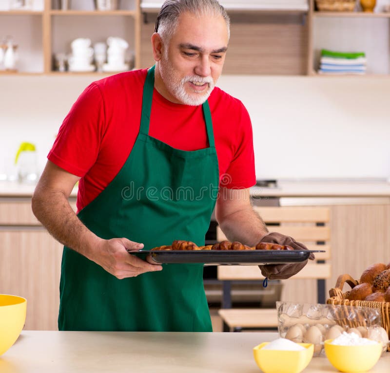 Old Male Baker Working in the Kitchen Stock Photo - Image of making ...