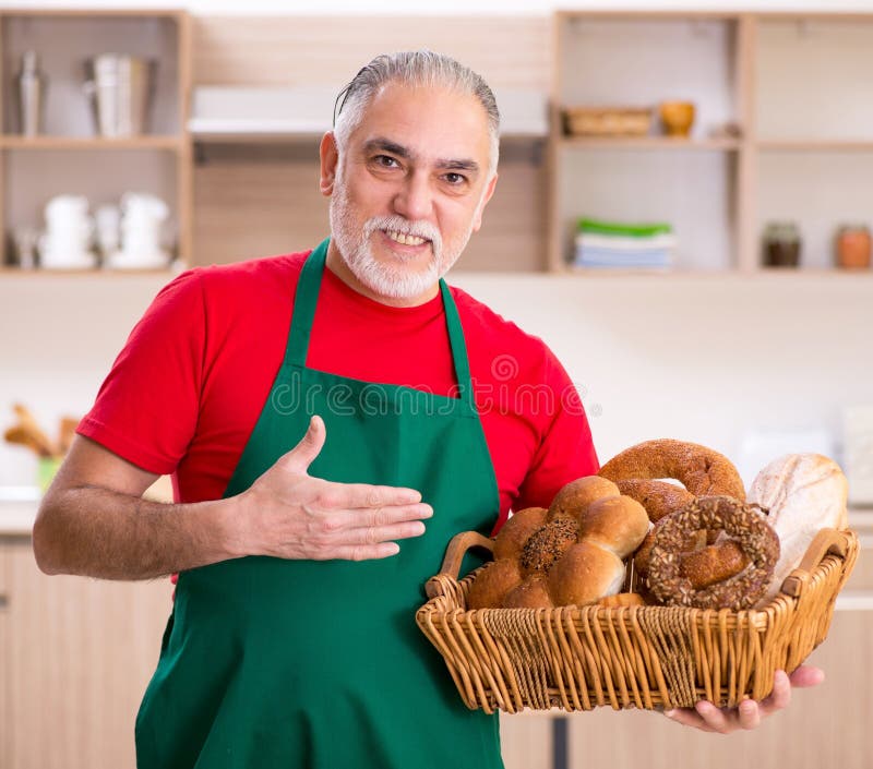 Old Male Baker Working in the Kitchen Stock Image - Image of bread ...