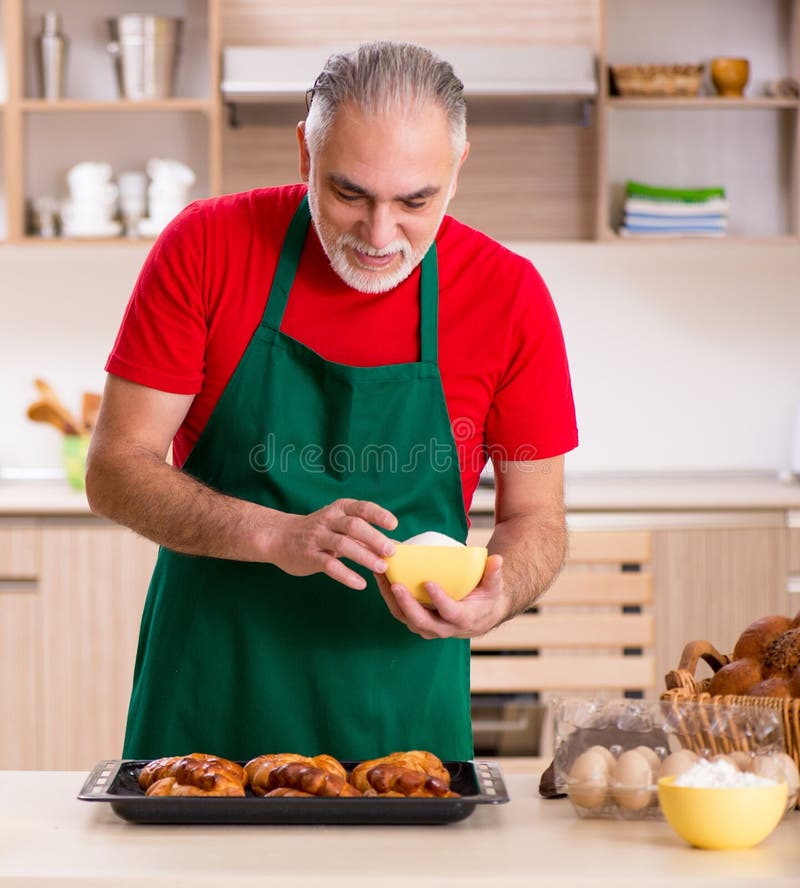 Old Male Baker Working in the Kitchen Stock Photo - Image of culinary ...