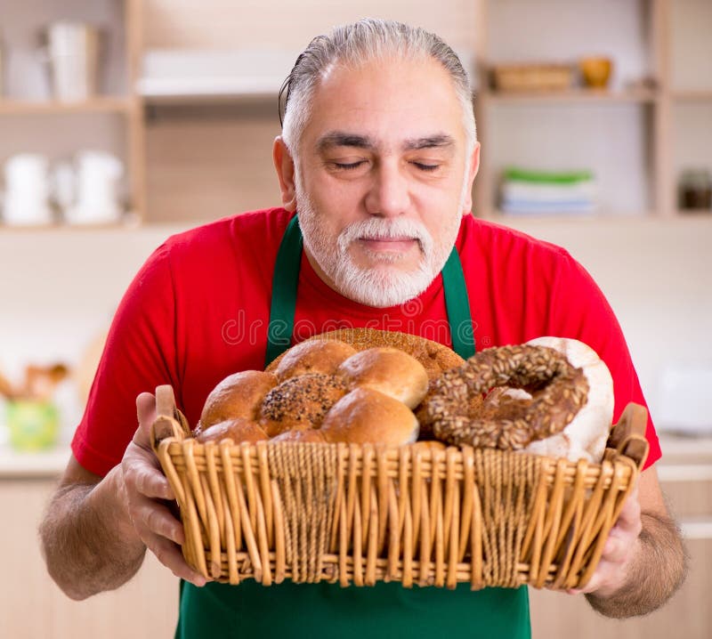 Old Male Baker Working in the Kitchen Stock Photo - Image of cook ...