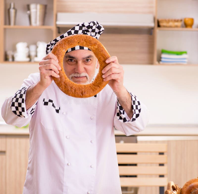 Old Male Baker Working in the Kitchen Stock Photo - Image of cafe ...