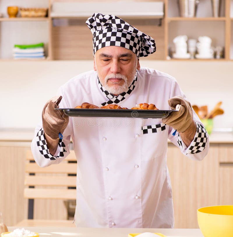 Old Male Baker Working in the Kitchen Stock Photo - Image of homemade ...