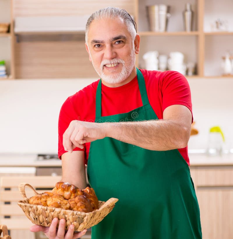 Old Male Baker Working in the Kitchen Stock Image - Image of kitchen ...