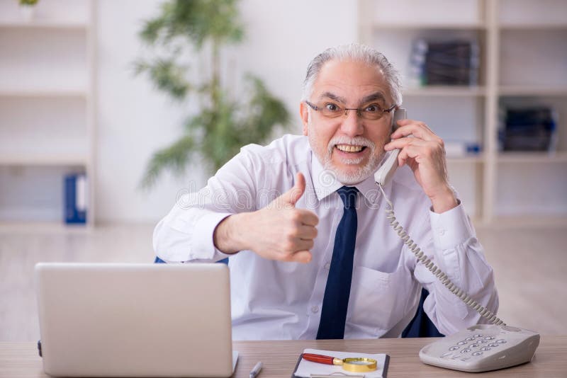 Old Male Boss Working at Workplace Stock Photo - Image of happy ...
