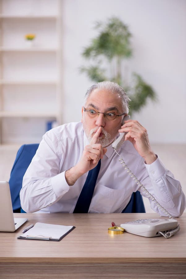 Old Male Boss Working at Workplace Stock Image - Image of speaking ...