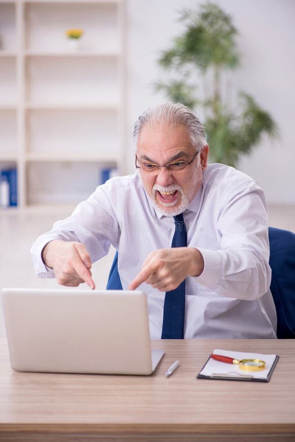 Old Male Boss Working at Workplace Stock Photo - Image of report ...