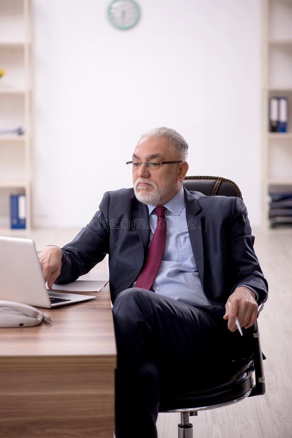 Old Male Boss Working at Workplace Stock Image - Image of laptop ...