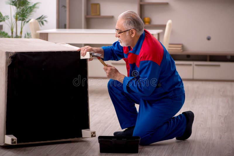 Old Male Carpenter Working Indoors Stock Photo - Image of broken ...