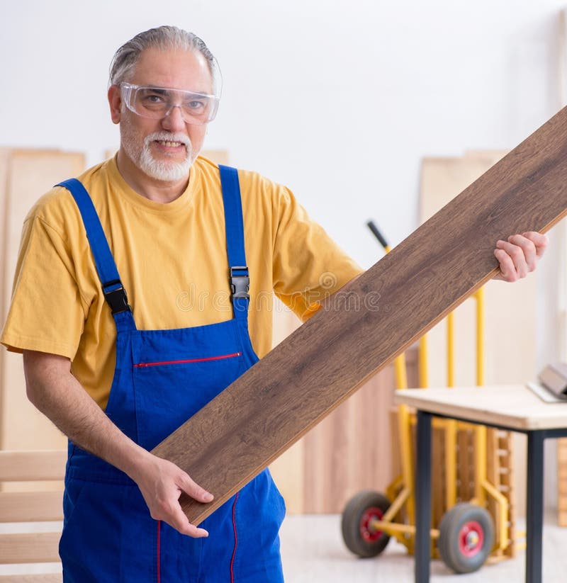 Old Male Carpenter Working in Workshop Stock Image - Image of ...
