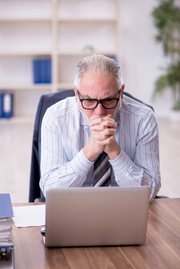Old Male Employee and Too Much Work at Workplace Stock Image - Image of ...