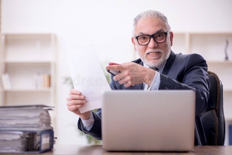 Old Male Employee and Too Much Work at Workplace Stock Image - Image of ...