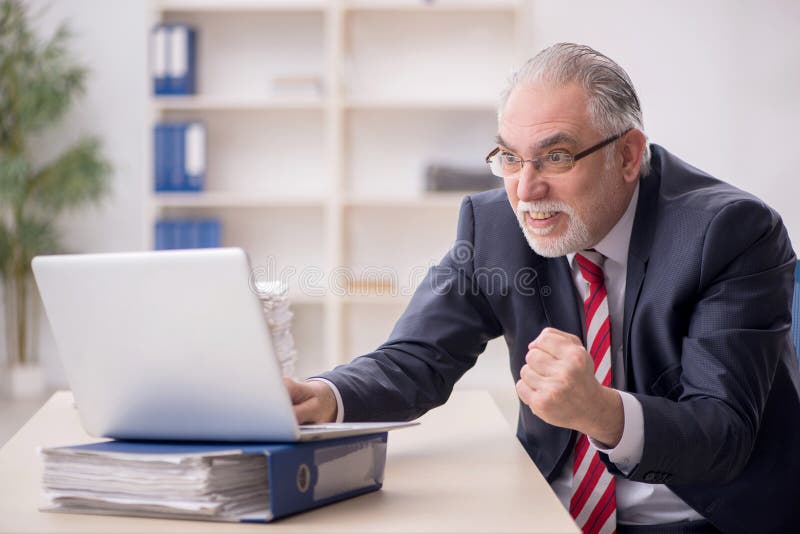 Old Male Employee and Too Much Work at Workplace Stock Image - Image of ...