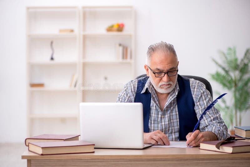 Old Male Writer Sitting at Workplace Stock Image - Image of computer ...