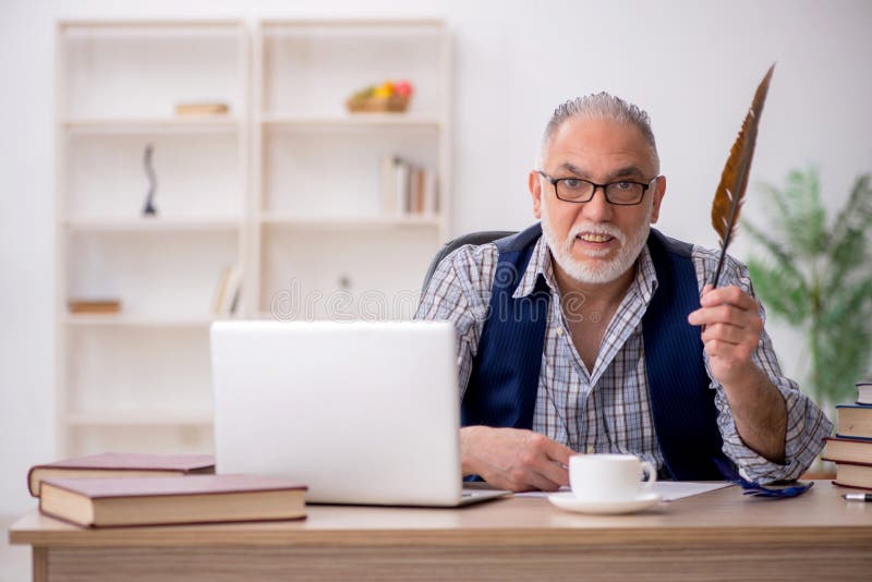 Old Male Writer Sitting at Workplace Stock Image - Image of office ...