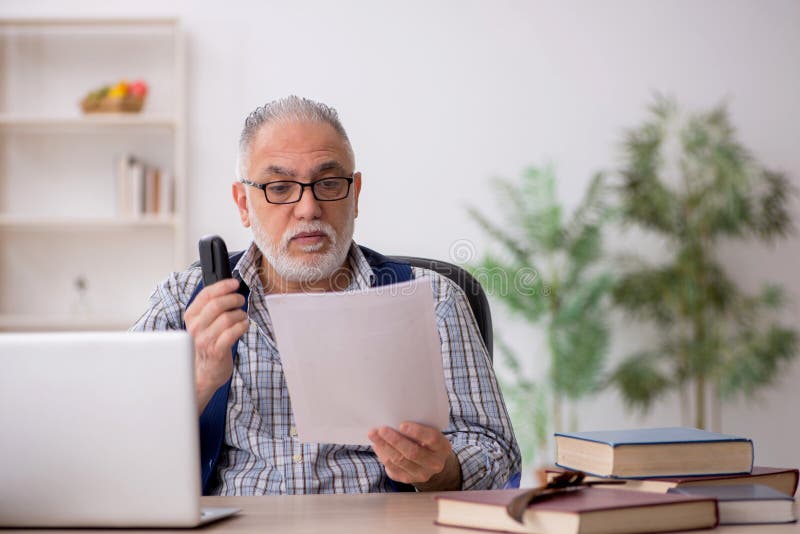 Old Male Writer Sitting at Workplace Stock Photo - Image of script ...