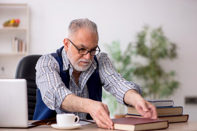 Old Male Writer Sitting at Workplace Stock Photo - Image of designing ...